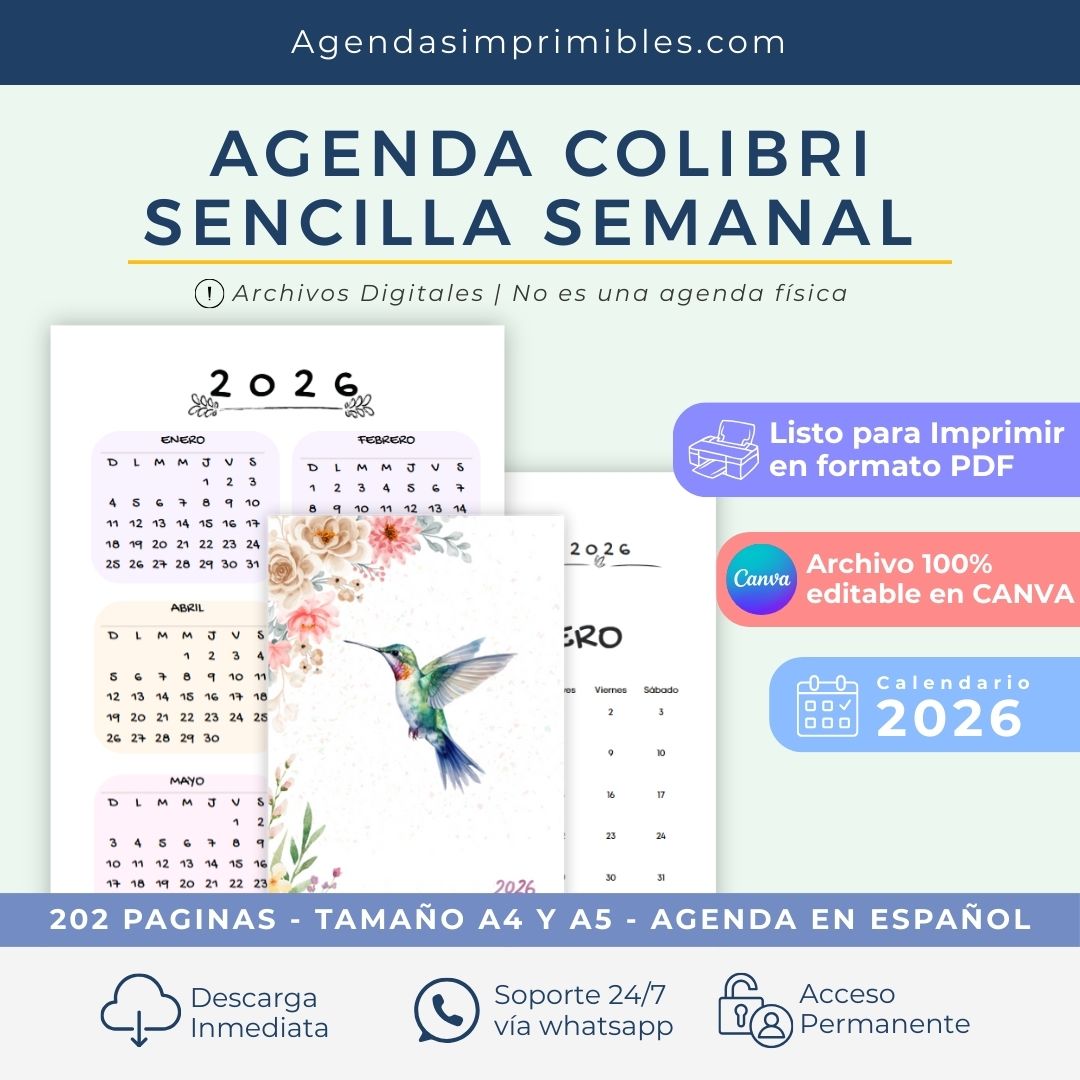 Agenda Colíbri Sencilla Semanal 2026 - Editable - Agendas Imprimibles