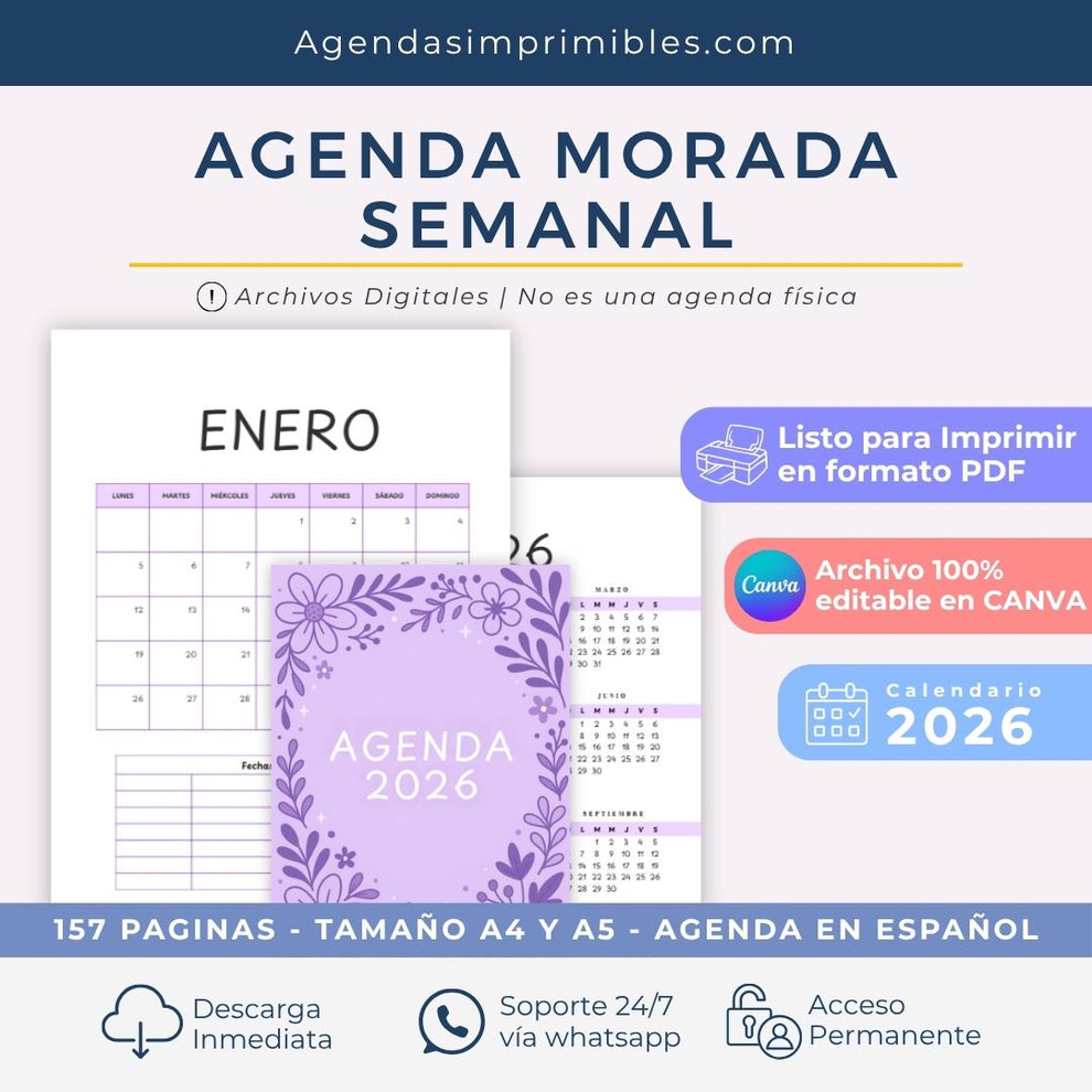 Agenda Morada Semanal - 2026 - Agendas Imprimibles
