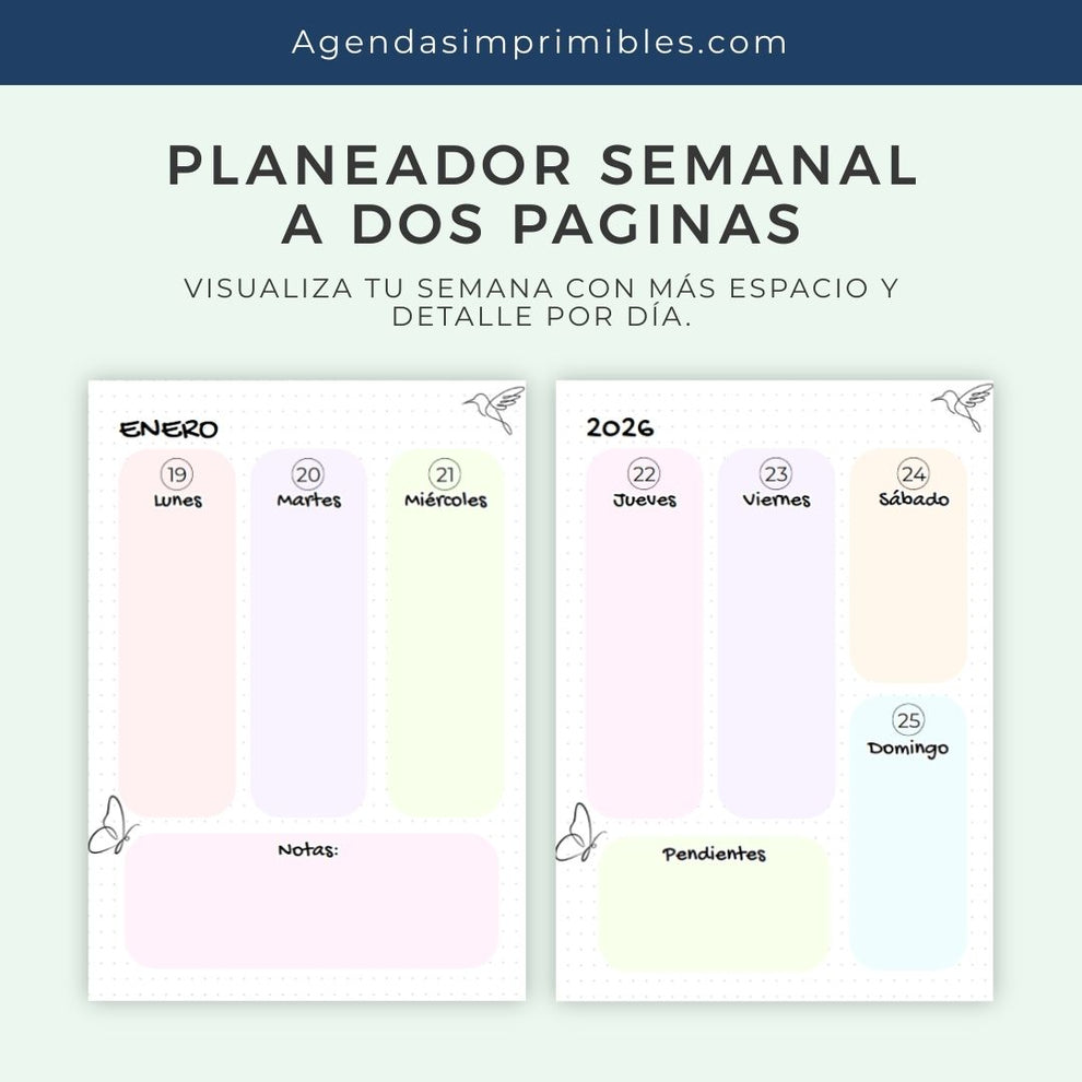 Agenda Colíbri Sencilla Semanal 2026 - Editable - Agendas Imprimibles